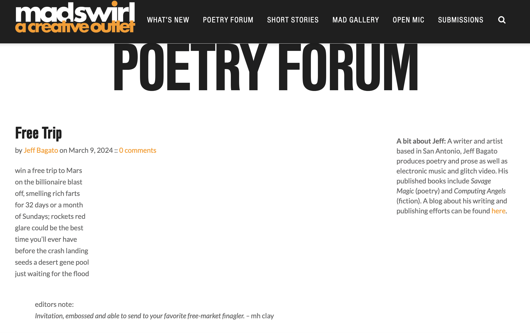 “Free Trip” published in Mad Swirl’s Poetry Forum | jeff bagato